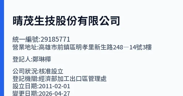 晴茂生技股份有限公司的照片-統編 29185771(高雄市) 公司登記資料與營業項目詳細圖表