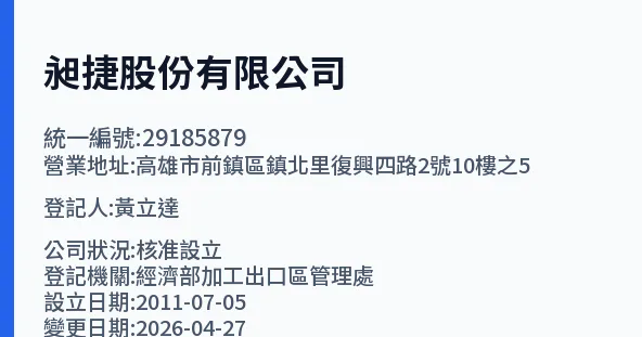 昶捷股份有限公司的照片-統編 29185879(高雄市) 公司登記資料與營業項目詳細圖表