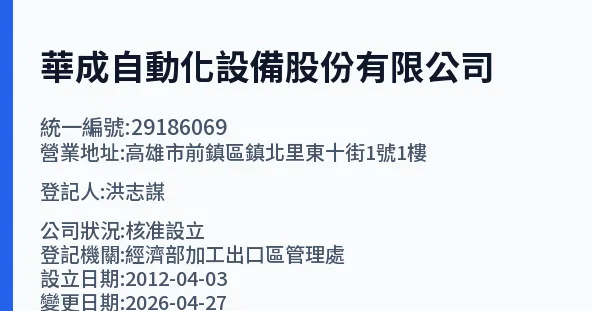 華成自動化設備股份有限公司的照片-統編 29186069(高雄市) 公司登記資料與營業項目詳細圖表