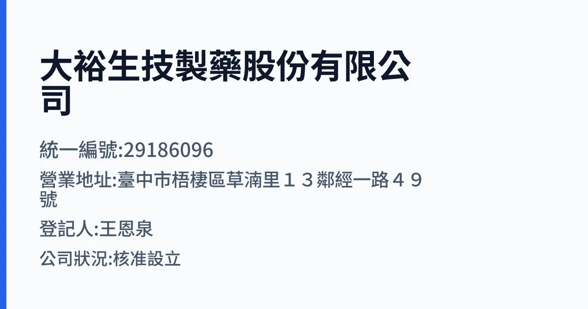 大裕生技製藥股份有限公司 - 統編 29186096(臺中市) 公司登記資料與營業項目詳細圖表