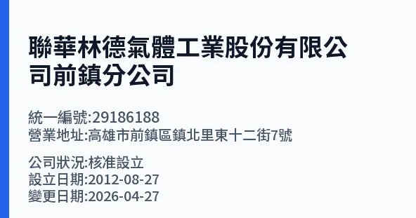 聯華林德氣體工業股份有限公司前鎮分公司的照片-統編 29186188(高雄市) 公司登記資料與營業項目詳細圖表