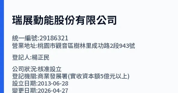 瑞展動能股份有限公司的照片-統編 29186321(桃園市) 公司登記資料與營業項目詳細圖表