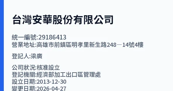 台灣安華股份有限公司的照片-統編 29186413(高雄市) 公司登記資料與營業項目詳細圖表