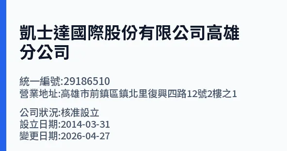 凱士達國際股份有限公司高雄分公司的照片-統編 29186510(高雄市) 公司登記資料與營業項目詳細圖表