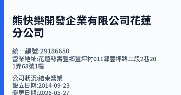 熊快樂開發企業有限公司花蓮分公司的照片-統編 29186650(花蓮縣) 公司登記資料與營業項目詳細圖表