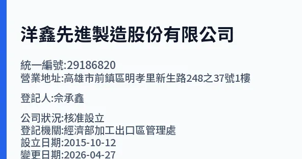 洋鑫先進製造股份有限公司的照片-統編 29186820(高雄市) 公司登記資料與營業項目詳細圖表