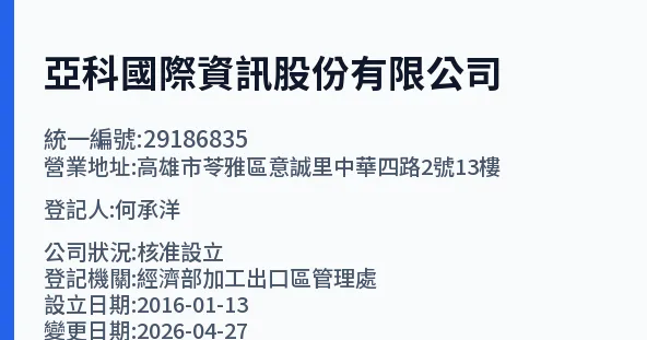 亞科國際資訊股份有限公司的照片-統編 29186835(高雄市) 公司登記資料與營業項目詳細圖表