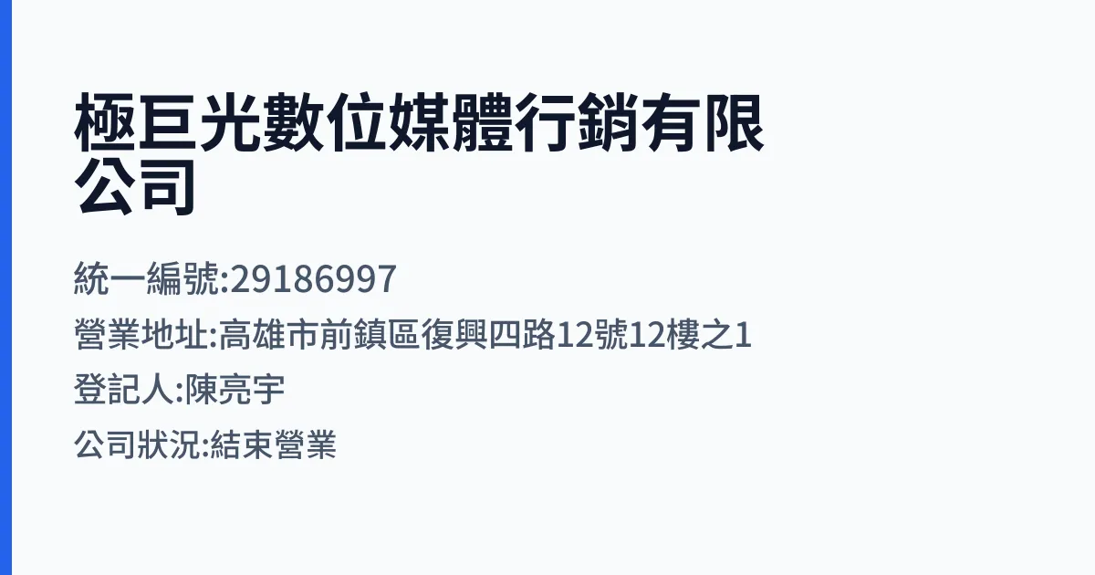 極巨光數位媒體行銷有限公司 - 統編 29186997（高雄市） 公司登記資料與營業項目詳細圖表