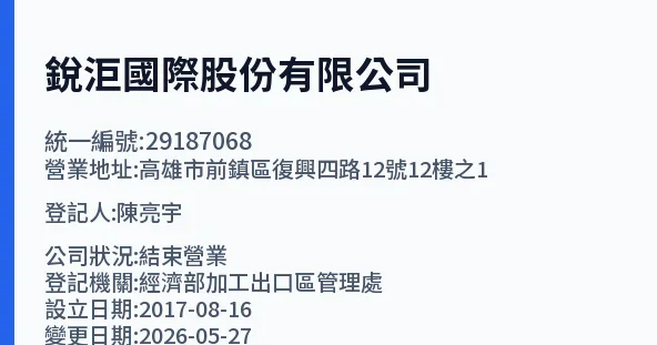 銳洰國際股份有限公司的照片-統編 29187068(高雄市) 公司登記資料與營業項目詳細圖表