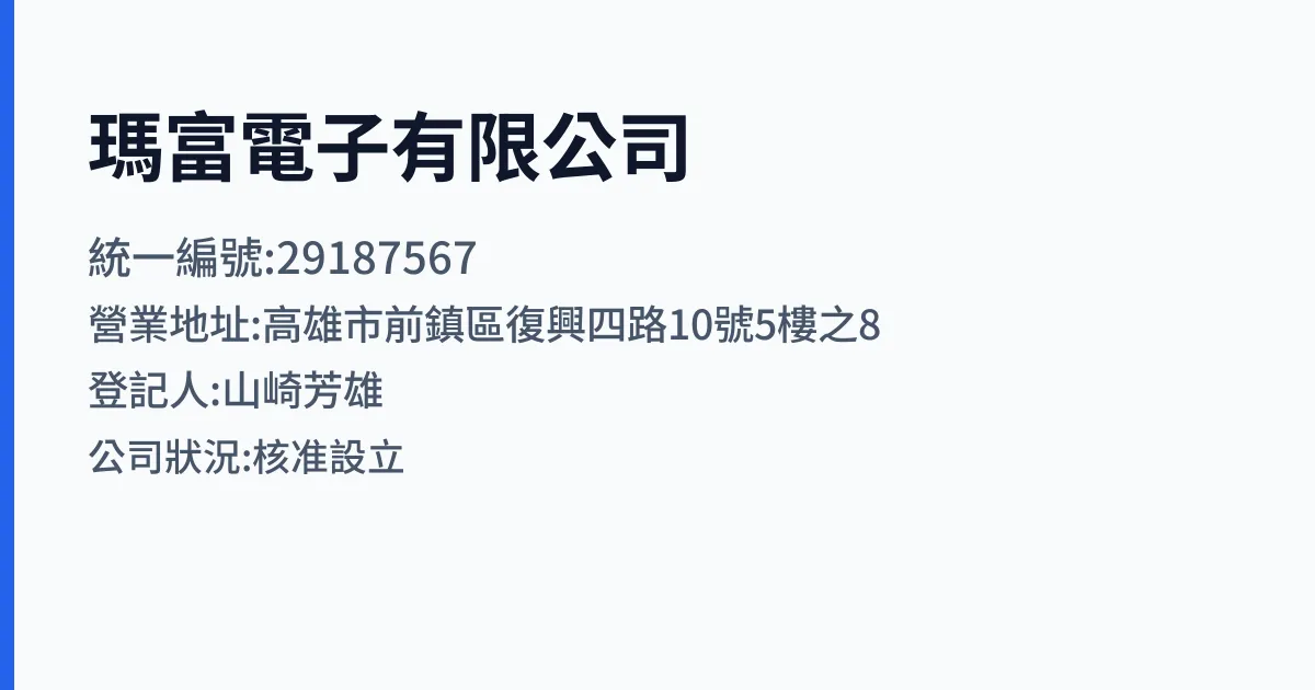 瑪富電子有限公司 - 統編 29187567(高雄市) 公司登記資料與營業項目詳細圖表
