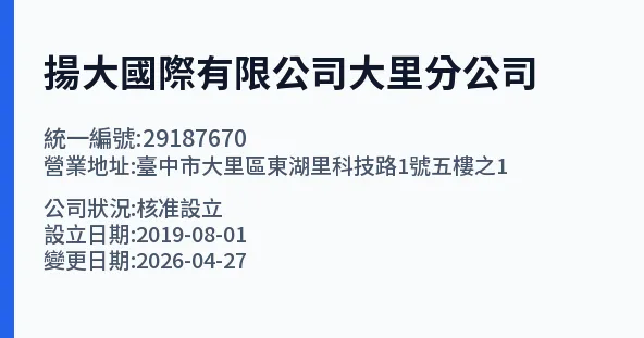揚大國際有限公司大里分公司的照片-統編 29187670(臺中市) 公司登記資料與營業項目詳細圖表