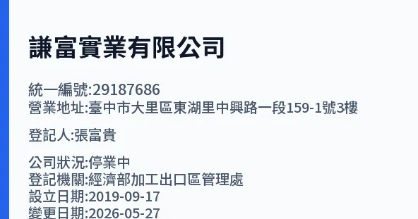 謙富實業有限公司的照片-統編 29187686(臺中市) 公司登記資料與營業項目詳細圖表