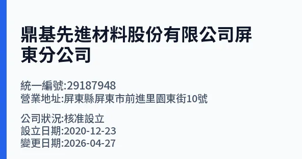 鼎基先進材料股份有限公司屏東分公司的照片-統編 29187948(屏東縣) 公司登記資料與營業項目詳細圖表