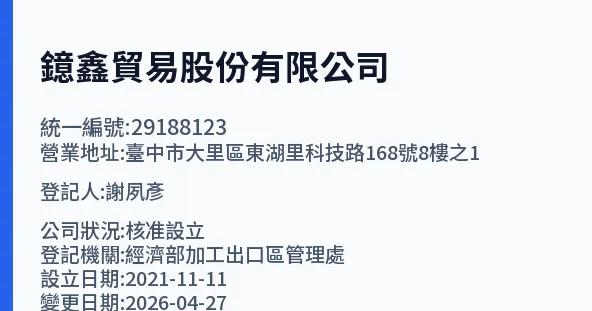 鐿鑫貿易股份有限公司的照片-統編 29188123(臺中市) 公司登記資料與營業項目詳細圖表