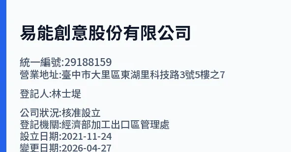 易能創意股份有限公司的照片-統編 29188159(臺中市) 公司登記資料與營業項目詳細圖表