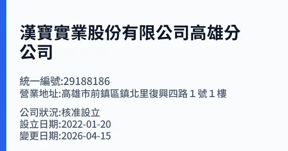 漢寶實業股份有限公司高雄分公司的照片-統編 29188186(高雄市) 公司登記資料與營業項目詳細圖表