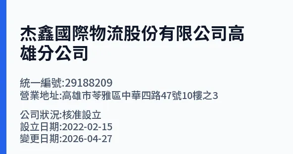 杰鑫國際物流股份有限公司高雄分公司的照片-統編 29188209(高雄市) 公司登記資料與營業項目詳細圖表