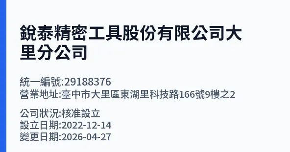 銳泰精密工具股份有限公司大里分公司的照片-統編 29188376(臺中市) 公司登記資料與營業項目詳細圖表