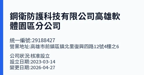 鋼衛防護科技有限公司高雄軟體園區分公司的照片-統編 29188427(高雄市) 公司登記資料與營業項目詳細圖表
