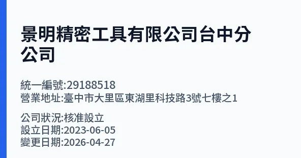 景明精密工具有限公司台中分公司的照片-統編 29188518(臺中市) 公司登記資料與營業項目詳細圖表