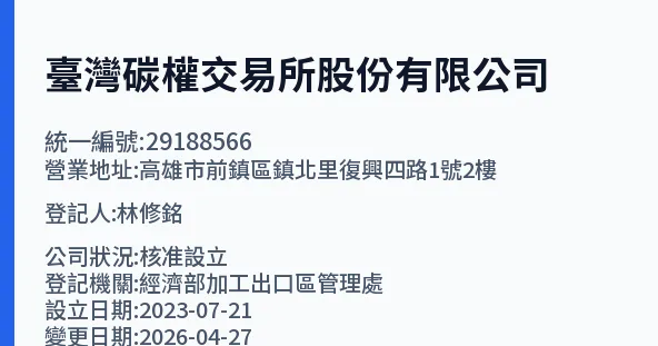 臺灣碳權交易所股份有限公司的照片-統編 29188566(高雄市) 公司登記資料與營業項目詳細圖表