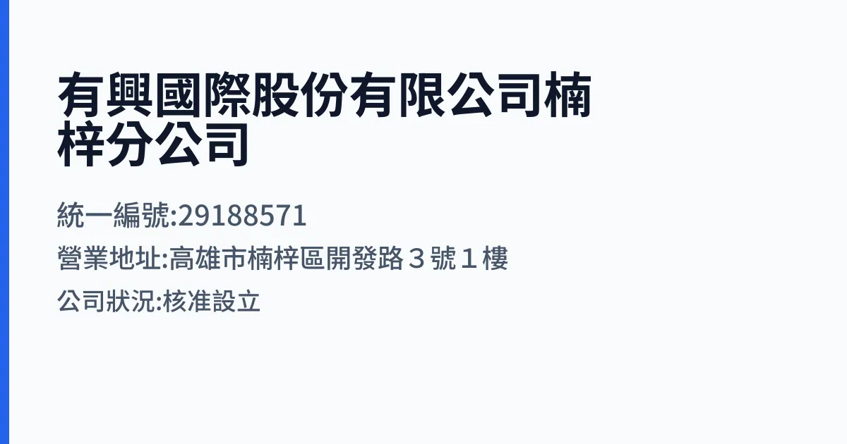 有興國際股份有限公司楠梓分公司 - 統編 29188571(高雄市) 公司登記資料與營業項目詳細圖表