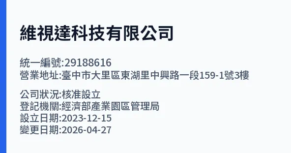 維視達科技有限公司的照片-統編 29188616(臺中市) 公司登記資料與營業項目詳細圖表