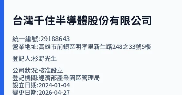 台灣千住半導體股份有限公司的照片-統編 29188643(高雄市) 公司登記資料與營業項目詳細圖表