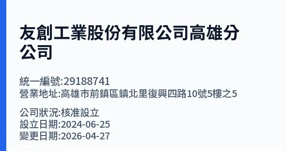 友創工業股份有限公司高雄分公司的照片-統編 29188741(高雄市) 公司登記資料與營業項目詳細圖表