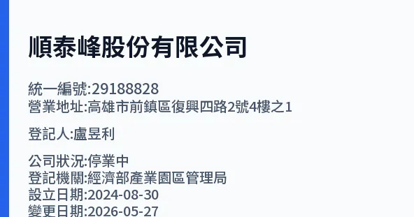 順泰峰股份有限公司的照片-統編 29188828(高雄市) 公司登記資料與營業項目詳細圖表
