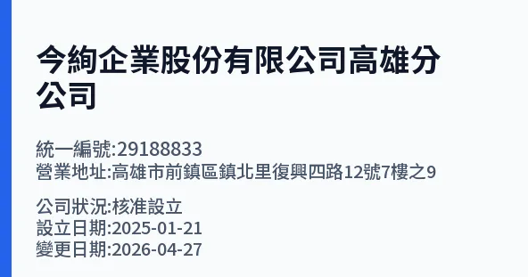 今絢企業股份有限公司高雄分公司的照片-統編 29188833(高雄市) 公司登記資料與營業項目詳細圖表