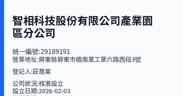 智相科技股份有限公司產業園區分公司的照片-統編 29189191(屏東縣) 公司登記資料與營業項目詳細圖表