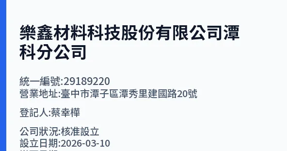 樂鑫材料科技股份有限公司潭科分公司的照片-統編 29189220(臺中市) 公司登記資料與營業項目詳細圖表