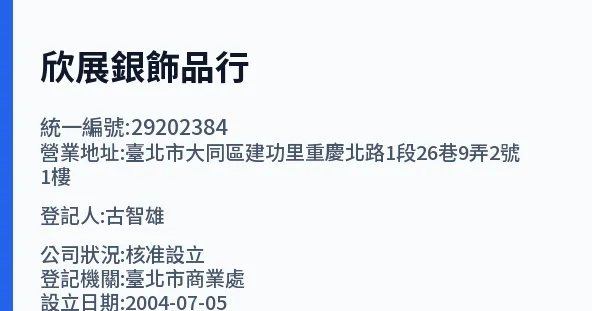 欣展銀飾品行的照片-統編 29202384(臺北市) 公司登記資料與營業項目詳細圖表