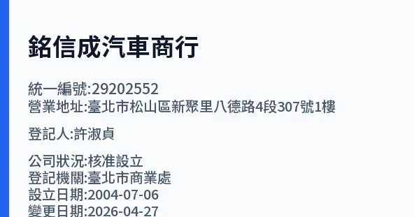 銘信成汽車商行的照片-統編 29202552(臺北市) 公司登記資料與營業項目詳細圖表