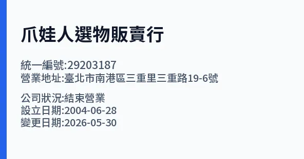 爪娃人選物販賣行的照片-統編 29203187(臺北市) 公司登記資料與營業項目詳細圖表