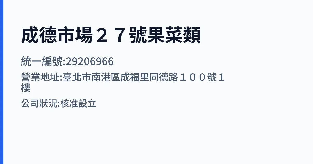 成德市場27號果菜類 - 統編 29206966(臺北市) 公司登記資料與營業項目詳細圖表