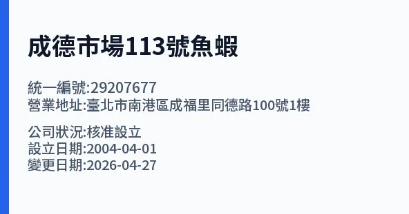 成德市場113號魚蝦的照片-統編 29207677(臺北市) 公司登記資料與營業項目詳細圖表