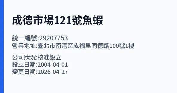 成德市場121號魚蝦的照片-統編 29207753(臺北市) 公司登記資料與營業項目詳細圖表