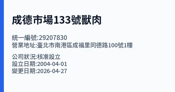 成德市場133號獸肉的照片-統編 29207830(臺北市) 公司登記資料與營業項目詳細圖表
