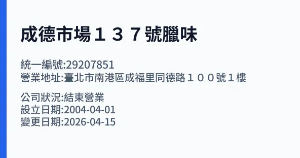成德市場１３７號臘味的照片-統編 29207851(臺北市) 公司登記資料與營業項目詳細圖表
