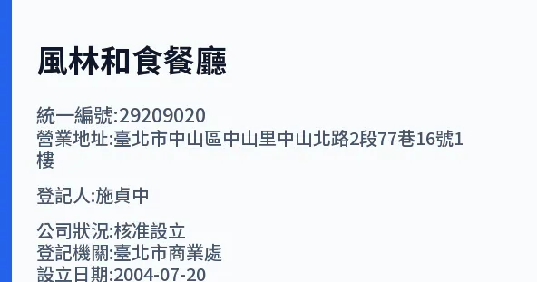 風林和食餐廳的照片-統編 29209020(臺北市) 公司登記資料與營業項目詳細圖表