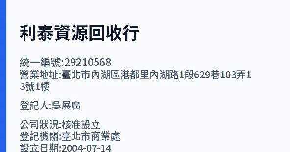 利泰資源回收行的照片-統編 29210568(臺北市) 公司登記資料與營業項目詳細圖表