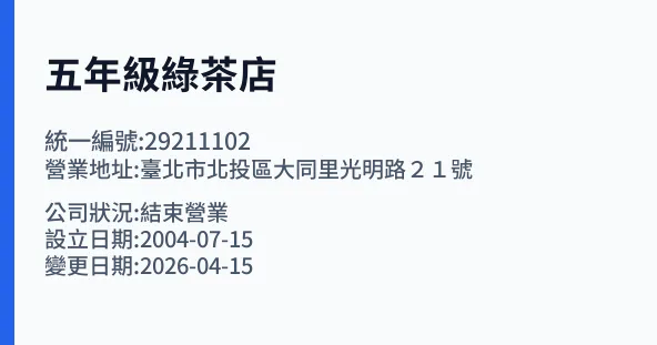 五年級綠茶店的照片-統編 29211102(臺北市) 公司登記資料與營業項目詳細圖表
