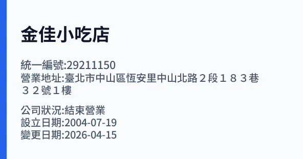 金佳小吃店的照片-統編 29211150(臺北市) 公司登記資料與營業項目詳細圖表