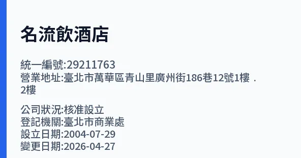 名流飲酒店的照片-統編 29211763(臺北市) 公司登記資料與營業項目詳細圖表