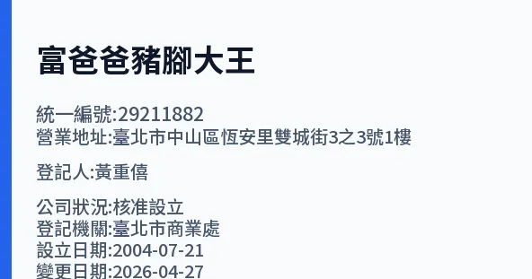 富爸爸豬腳大王的照片-統編 29211882(臺北市) 公司登記資料與營業項目詳細圖表