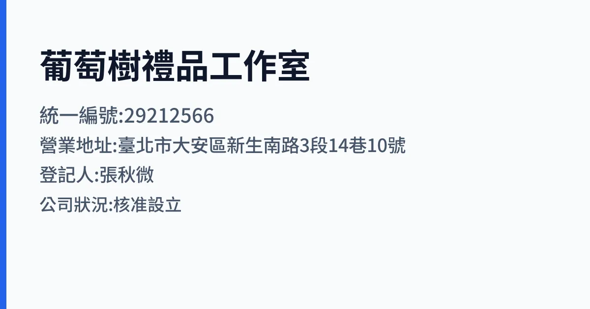 葡萄樹禮品工作室 - 統編 29212566(新北市) 公司登記資料與營業項目詳細圖表