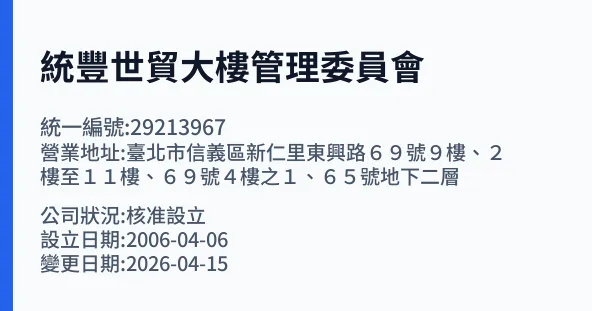 統豐世貿大樓管理委員會的照片-統編 29213967(臺北市) 公司登記資料與營業項目詳細圖表