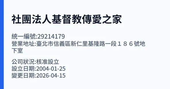 社團法人基督教傳愛之家的照片-統編 29214179(臺北市) 公司登記資料與營業項目詳細圖表